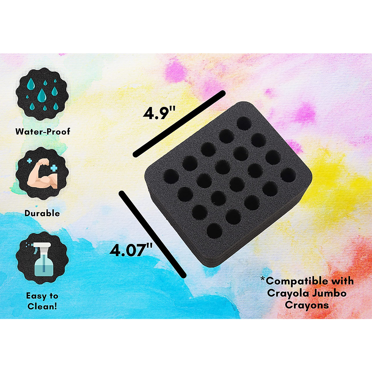 Polar Whale Jumbo Crayon Desk Stand Organizer Compatible with Crayola and Others Design Storage Tray Supply Non-Scratch Non-Rattle Washable Durable Black Foam Holds 20