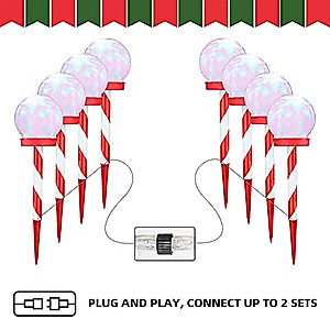 EAMBRITE 4PK RGB Ball Candy Cane Pathway Markers Light with Rotating Projector Waterproof Outdoor Stake Lights Decorative for Pond Garden Patio Landscape