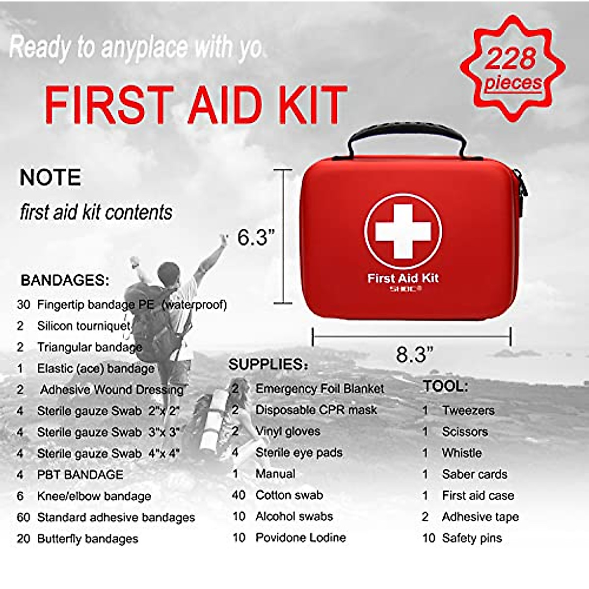 Compact First Aid Kit (228pcs) Designed for Family Emergency Care. Waterproof EVA Case and Bag is Ideal for The Car, Home, Boat, School, Camping, Hiking, Office, Sports. Protect Your Loved Ones. Red