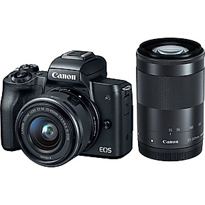 Canon EOS M50 Mirrorless Digital Camera with 15-45mm and 55-200mm Lenses (Black) (2680C021) + Canon EF-M Lens Adapter + 4K Monitor + Canon EF 24-70mm Lens + Pro Mic + 2 x 64GB Card + More (Renewed)