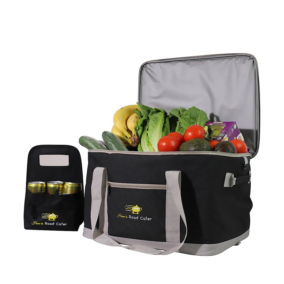 Home to Road Cater-Reusable Grocery Bags with Zippered Top-Large Insulated Hot Cold Food Delivery Bag with Drink Holder- Leak Proof Heavy Duty Groceries Cater Delivery Lunch Shopping Professional