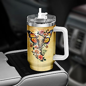 99OWL Elephant Hibiscus Tropical Floral, Elephant Gifts, Women Handle Tumblers Yellow For Butterfly Coffee Adults Funny Flower, Tumbler 40 Oz With Handle Lid And Straw