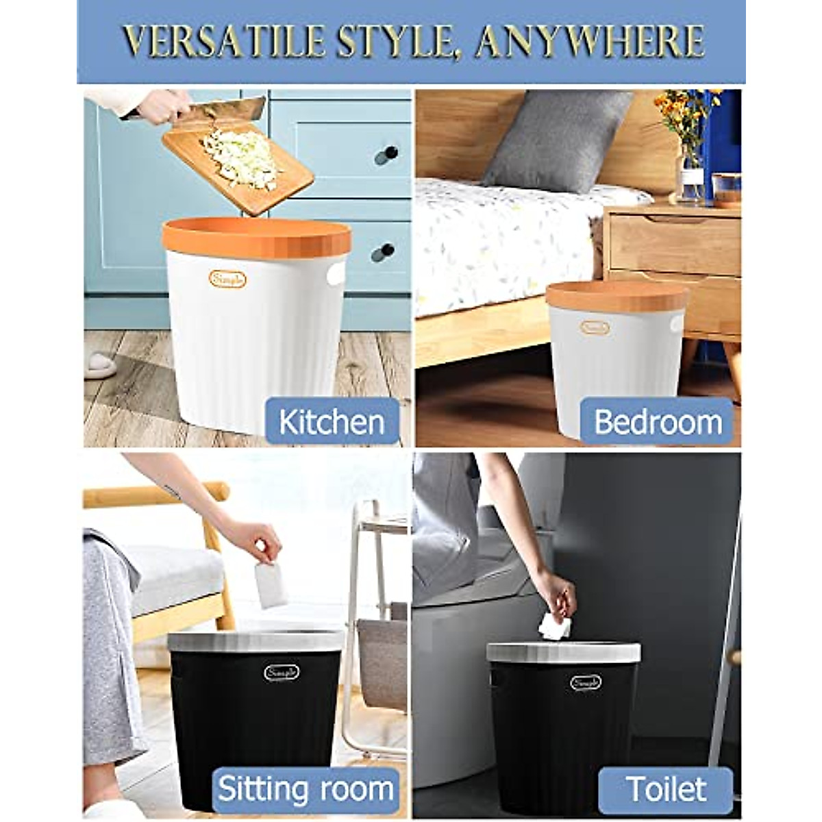 Plastic Small Trash Can, 3.1 Gallon Office Trash Can, White Trash Bin with Built-in Handle, Slim Waste Basket for Bathroom, Bedroom, Home Office, Living Room, Kitchen (12L Black)