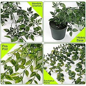 Sggvecsy Fake Hanging Plants 3 Pack Artificial Eucalyptus Fake Potted Greenery Faux Eucalyptus Mandala Vine Pea Pod for Home Indoor Outdoor Wall Garden Wedding Decor