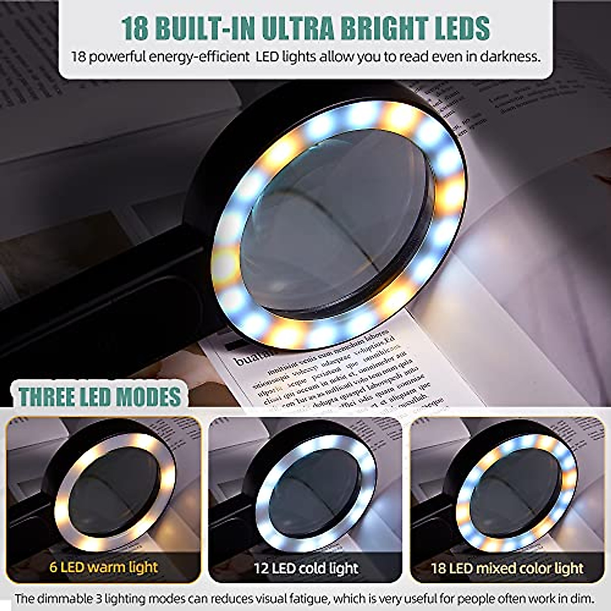 BUSATIA Magnifying Glass 30X, 18LED Handheld Magnifying Glass with Light, 4in Large Glass Magnifier with 3 Modes, Illuminated Magnifying Glass for Reading, Hobbies - with a Lens Cloth(Black)