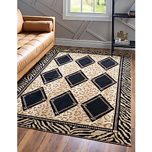 Unique Loom Wildlife Collection Animal Inspired with Leopard Geometric Bordered Design Area Rug, 6 ft x 9 ft, Light Brown/Black