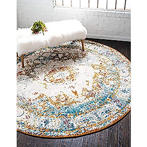 Unique Loom Rosso Collection Traditional, Vintage, Medallion, Border, Distressed, Southwestern Area Rug, 8 ft x 8 ft, Ivory/Blue