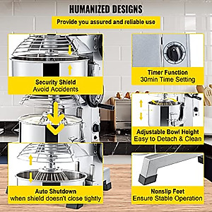 VEVOR Commercial Food Mixer, 30Qt Commercial Mixer with Timing Function, 1100W Stainless Steel Bowl Heavy Duty Electric Food Mixer with 3 Speeds Adjustable 108/199/382 RPM, Perfect for Bakery Pizzeria