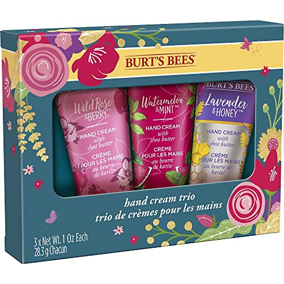 Burt's Bees Gifts, 3 Moisturizing Hand Creams with Shea Butter, Hand Cream Trio Spring Set - Lavender and Honey, Wild Rose and Berry & Watermelon and Mint