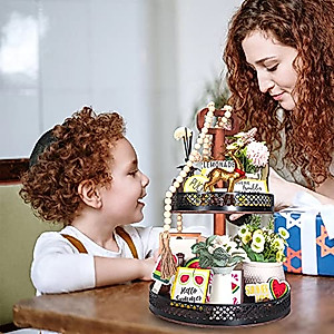 WeGXY Two Tiered Tray, Black Walnut Tiered Tray Stand,Farmhouse 2 Tier Tray,Wooden Rustic and Metal Lace Tiered Tray for Home Kitchen