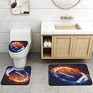 Jayden Madge 4PCS/Set Burning American Football Shower Curtain, Ice and Fire Championship Cool Sports Bathroom Decor for Men, Waterproof Fabric Black Shower Curtain, Non-Slip Bath Rugs, Flaming Ball