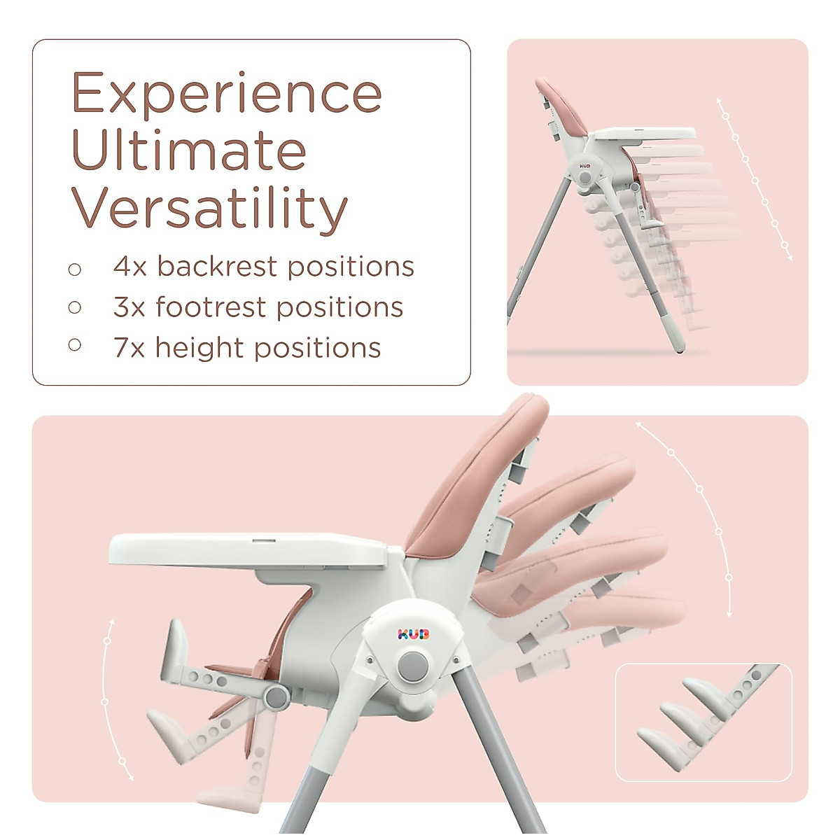 KÜB 3-in-1 Foldable Baby High Chair | 7 Height & 4 Recline Adjustable | Removable Seat & Tray for Easy Clean | 2 Locking Wheels | Multifunctional Infant Highchair for Babies Toddlers Girl (Pink)