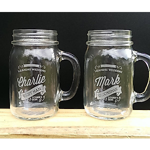 ONE Retro Personalized Mason Jars Drinking Mugs with Handle Engraved Custom Etched with Name and Date for Wedding, Engagement Anniversary Bridal Party Gift Favor Groomsmen Bridesmaids Gifts Gift Idea