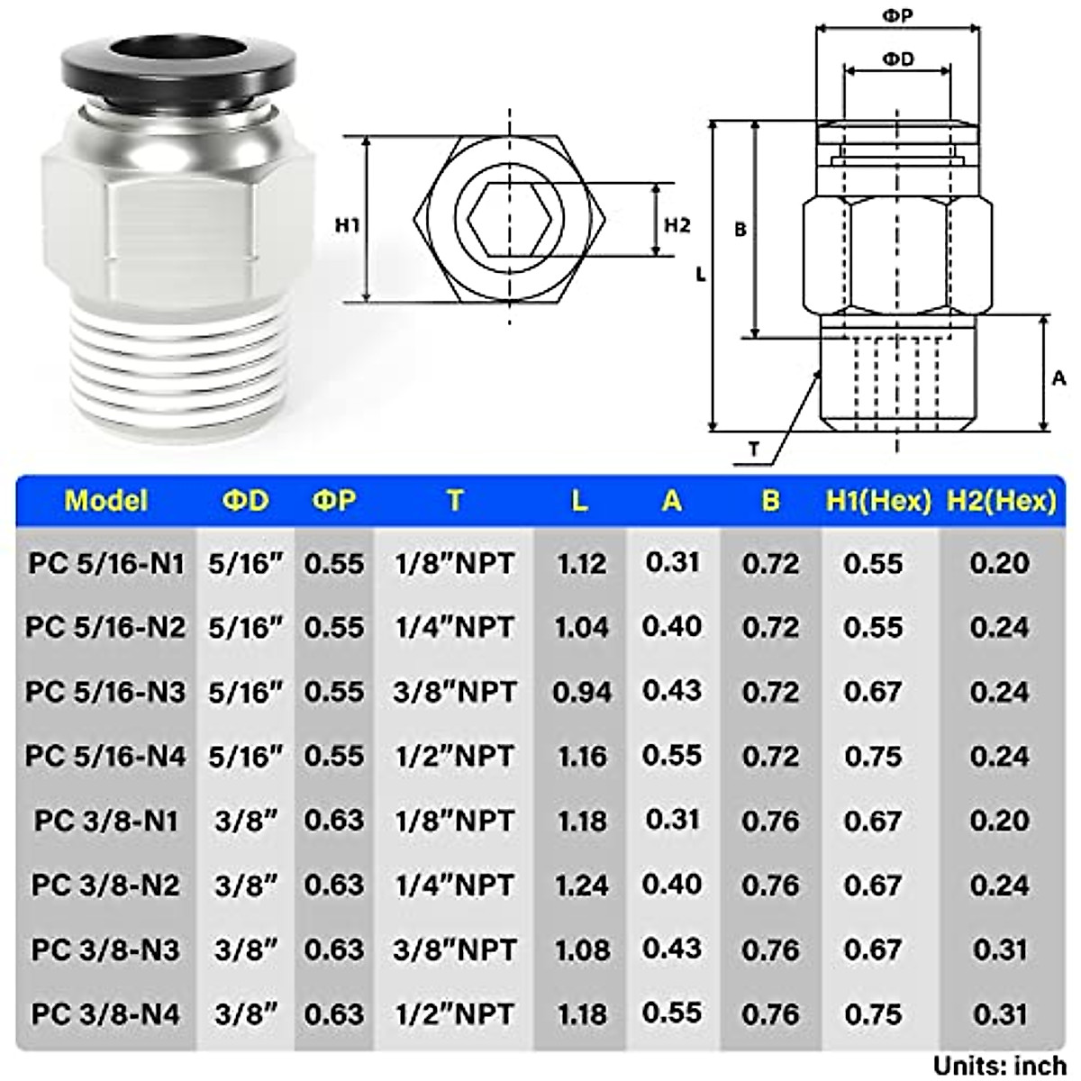 TAILONZ PNEUMATIC Male Straight 3/8 Inch Tube OD x 3/8 Inch NPT Thread Push to Connect Fittings PC-3/8-N3 (Pack of 10)