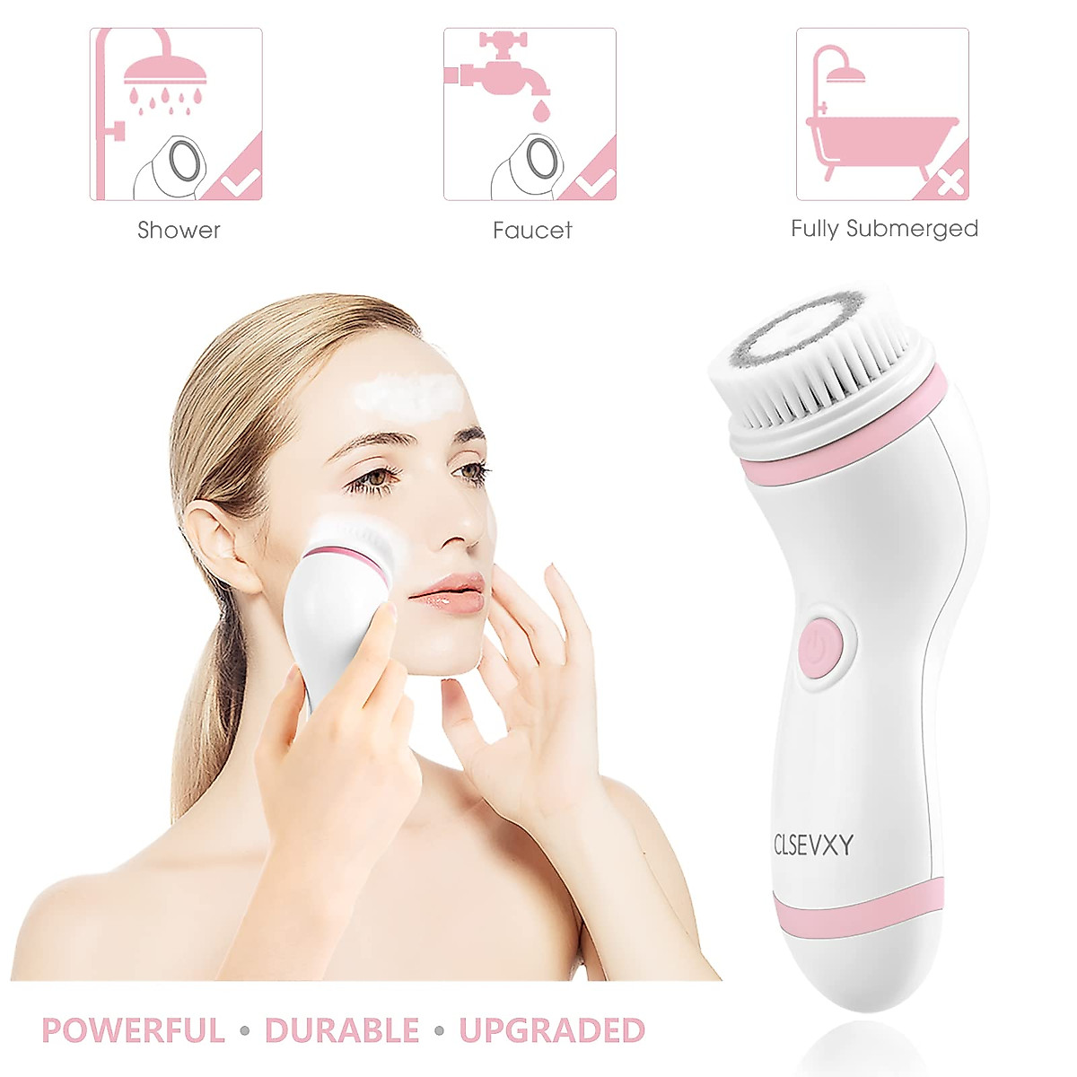 Waterproof Facial Cleansing Spin Brush Set with 4 Interchangeable Brush Heads - Electric Face Scrubber Cleanser Brush by CLSEVXY - Face brush for Deep Scrubbing, Gentle Exfoliating and Massaging