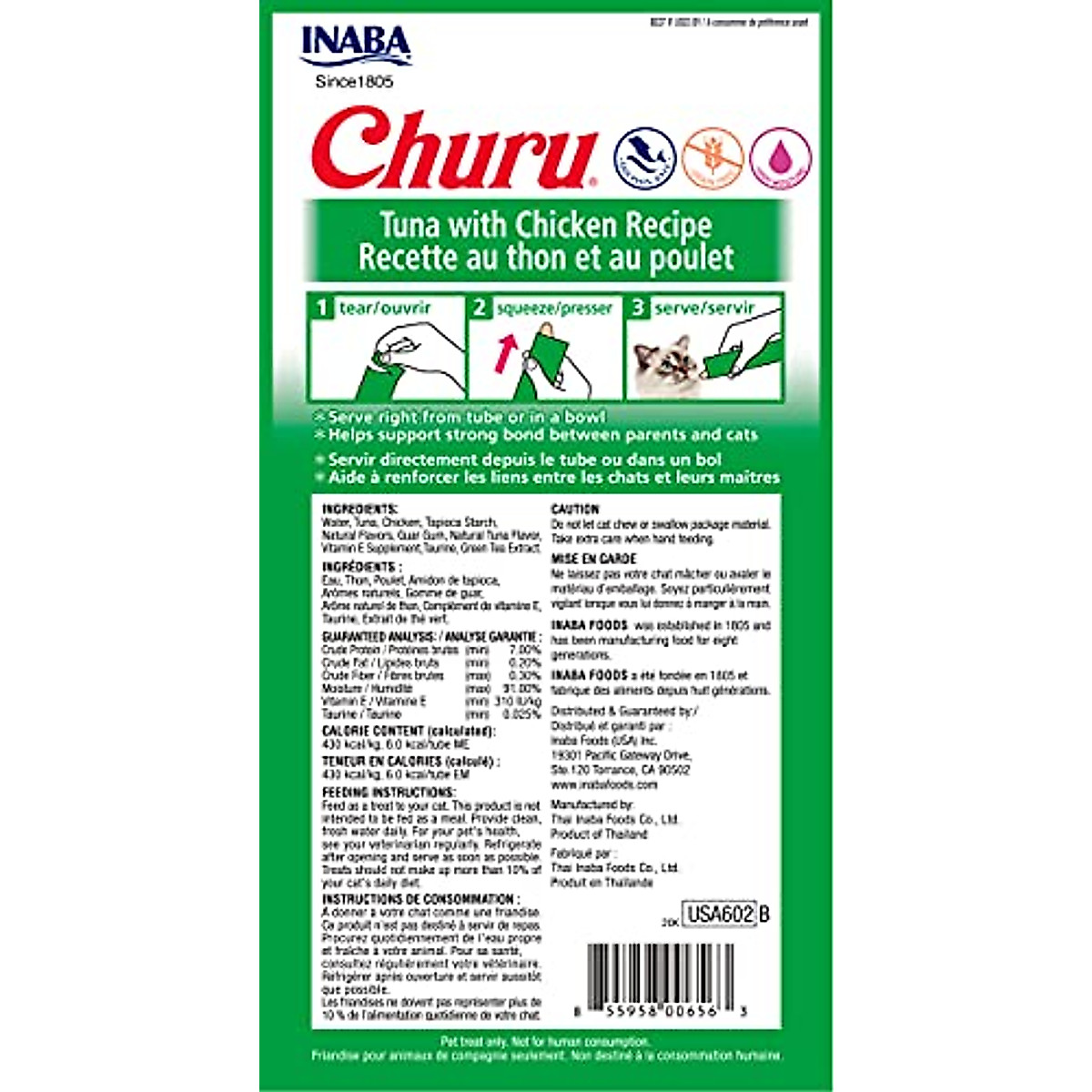 INABA Churu Lickable Purée Natural Cat Treats (Tuna with Chicken Recipe, 4 Tubes)