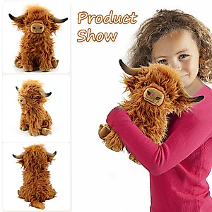 Highland Cows Stuffed Animal Realistic Scottish Cow Plush Toy Soft Farm Animal Cattle Plushie Doll Present for Adults Kids Boys Girls (Brown Cow, 10.8 Inch)