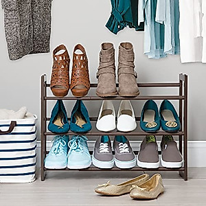 mDesign Metal 3 Tier Adjustable/Expandable Shoe and Boot Storage Organizer Rack - Space-Saving, Angled Vertical Storage - Closet, Entryway, Mudroom, Bedroom, Garage - Espresso Brown