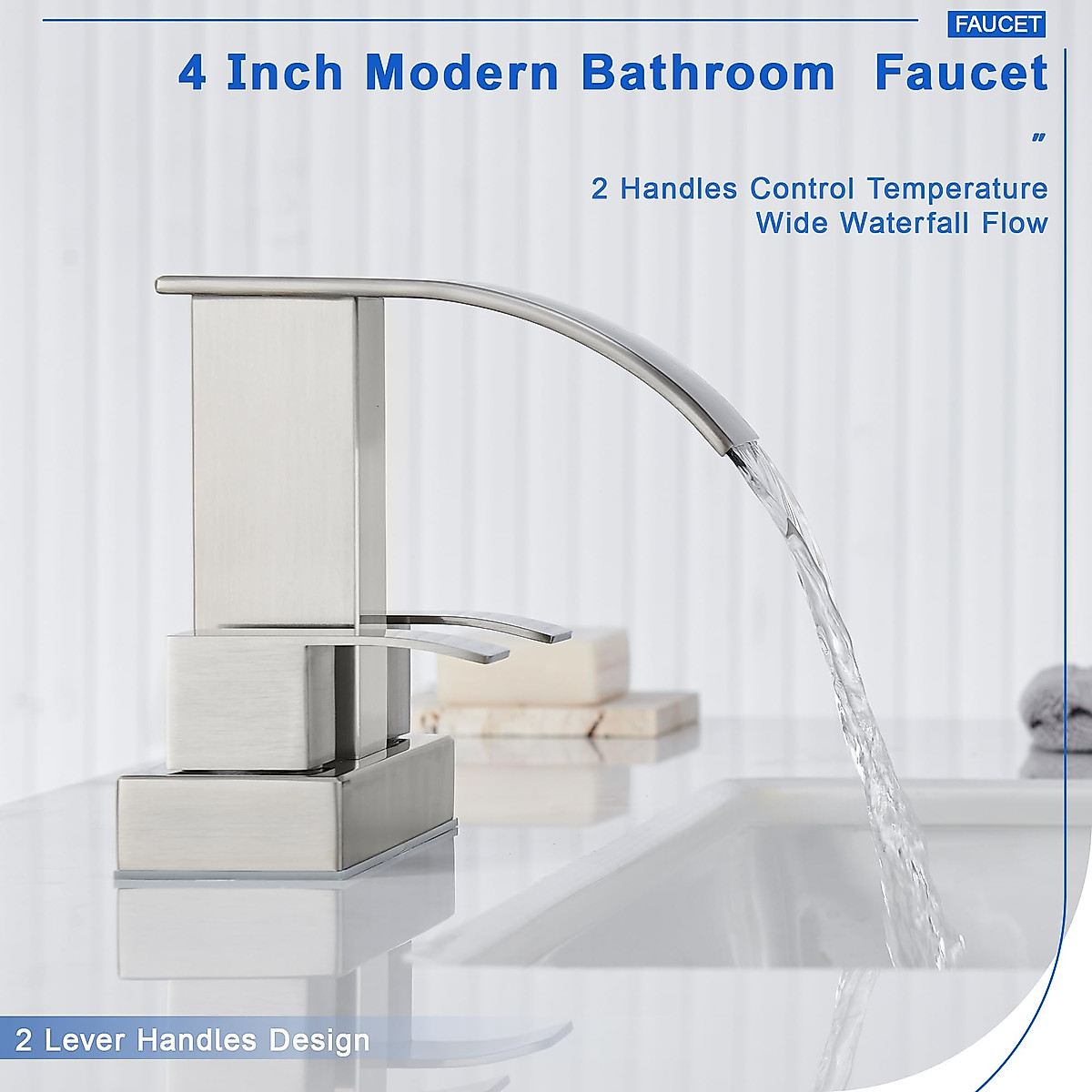 Waterfall Bathroom Sink Faucet Set with Pop Up Drain Stopper & Supply Lines - 4 Inch 2 Handles Centerset Faucet 2 or 3 Hole Lavatory Faucet Bathroom Vanity Mixer Tap Basin Faucets Brushed Nickel