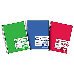 Mead Spiral Notebook, 3 Subject, Wide Ruled Paper, 120 Sheets, 10-1/2 x 7-1/2 inches, Color Selected For You (05746)