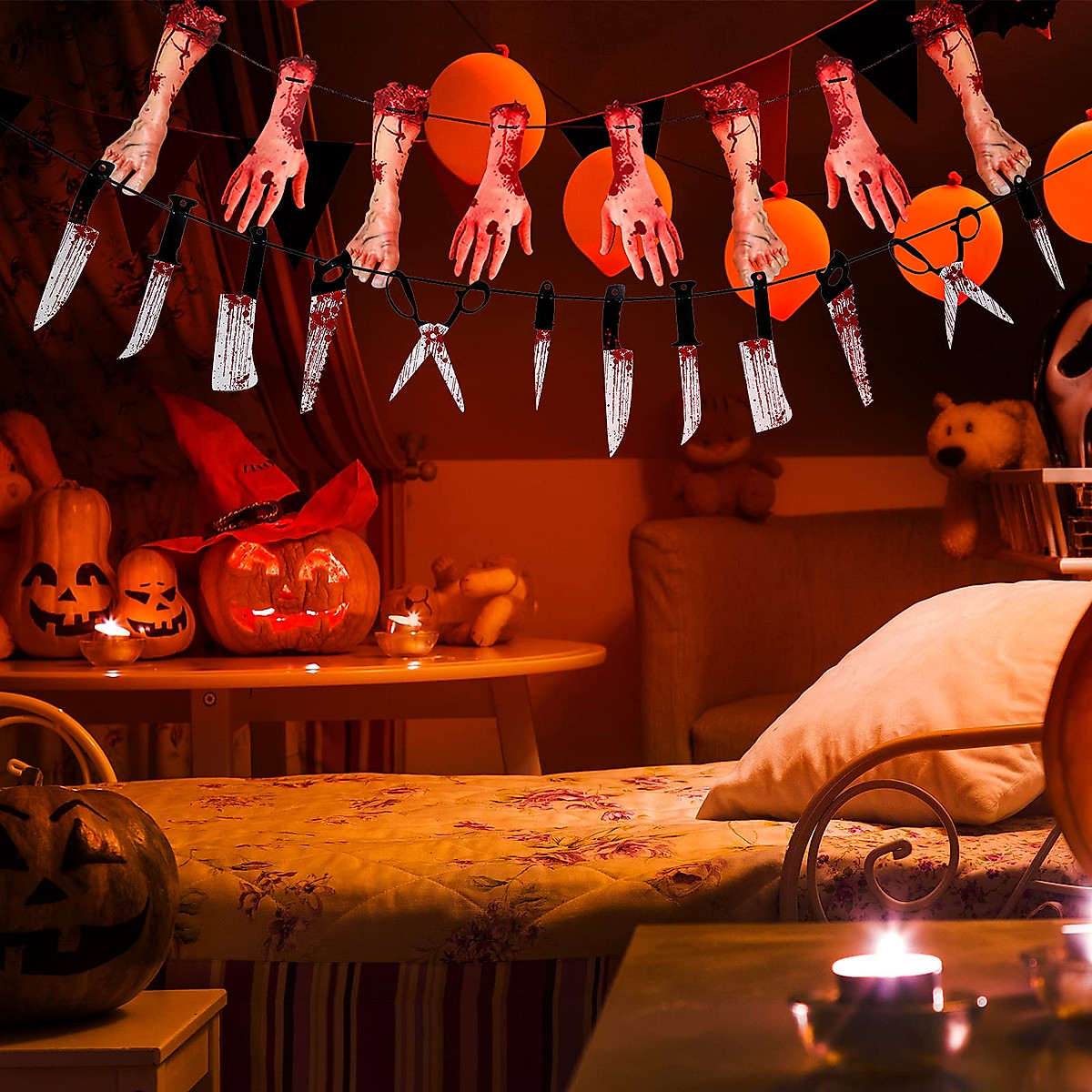 Outus 6 Sets Halloween Garland Banner, Include 48 Garland and 16 Fake Scary Broken Hands and Feet Hanging Decor, Halloween Party Decoration Scary Banner Supplies