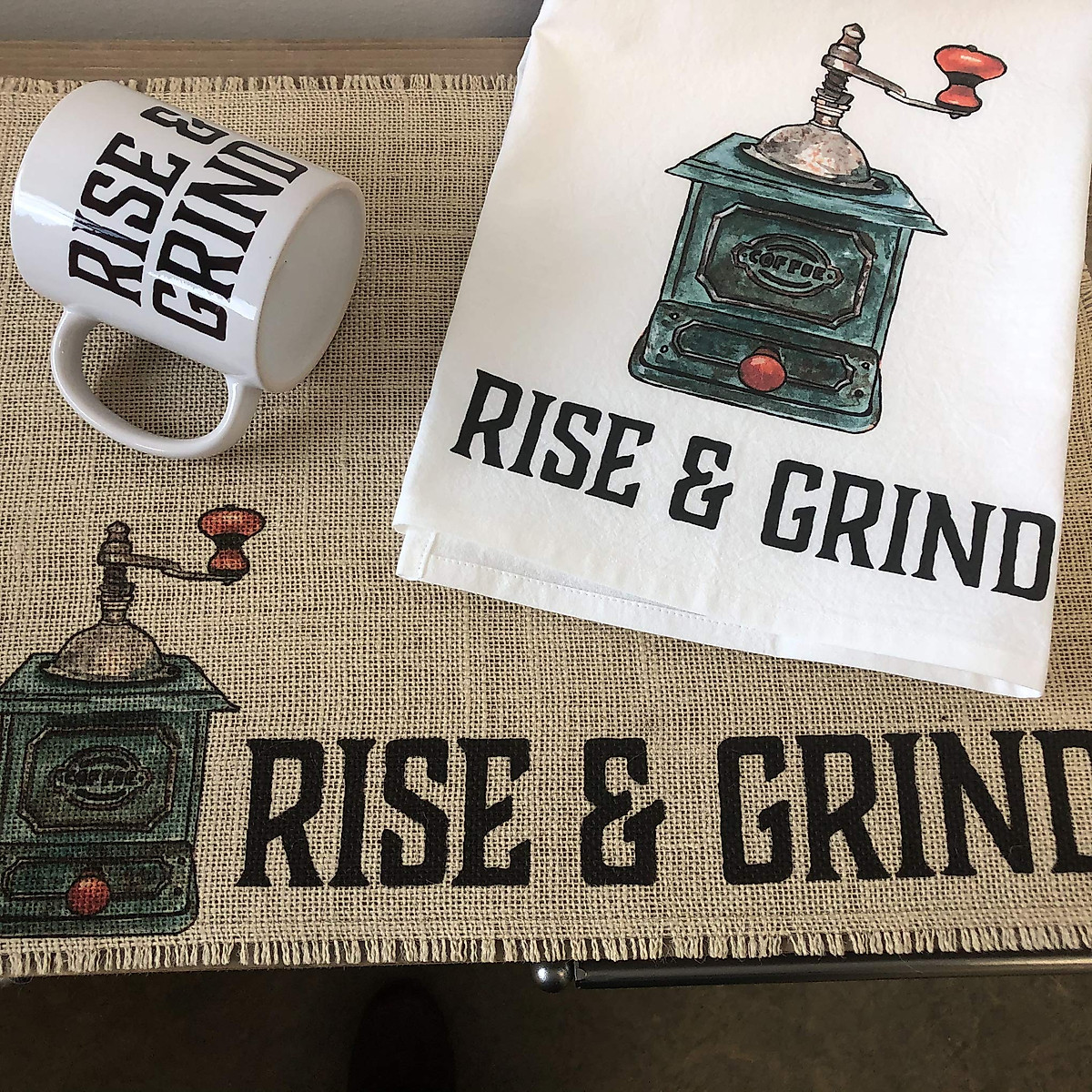 Rise and Grind Premium Tea Towel - Vintage Coffee Grinder, XL Flour Sack Tea Towel, dish towel, Coffee themed gifts for the Coffee Station - Made in the USA