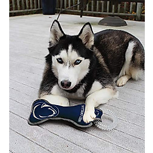 Pets First NCAA Penn State Nittany Lions College Dental Tough Dog TUG Bone Toy with Built-in Squeaker Attached to a Safe Rubber Teething Toothbrush PET Toy, Team Color, 14 x 5 (PA-3310)