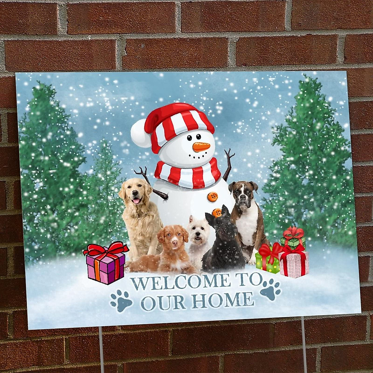 Garden Lawn Sign Christmas Welcome to Our Home Dogs and Snowman Corrugated Yard Sign Quotes Holiday Snowman for Garage Sales Rent Open House Construction 12"x18"