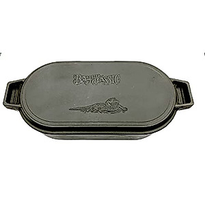 Bayou Classic 7477 6-qt Cast Iron Oval Fryer w/ Griddle Lid Perfect For Large Batch Frying Cooking Whole Chickens Pot Roasts & Reverse Griddle Lid Perfect For Large Batch Breakfast Burgers