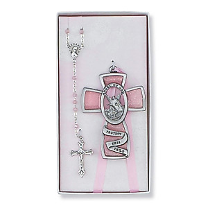 Guardian Angel Boys Girls Pewter Crib Cross Rosary Set Nursery Room Decor Baptism Christening (Pink)