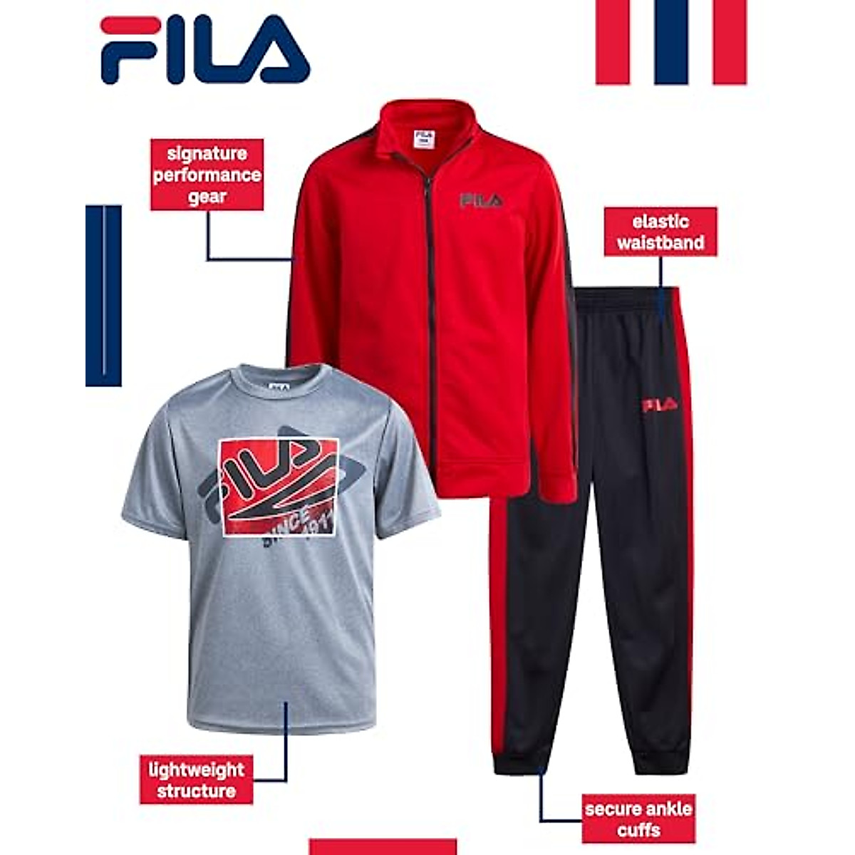 Fila Boys' Tracksuit Set - 3 Piece Short Sleeve Athletic Shirt, Tricot Jacket, Jogger Sweatpants for Toddlers & Boys (2T-16), Size 10-12, Racing Red
