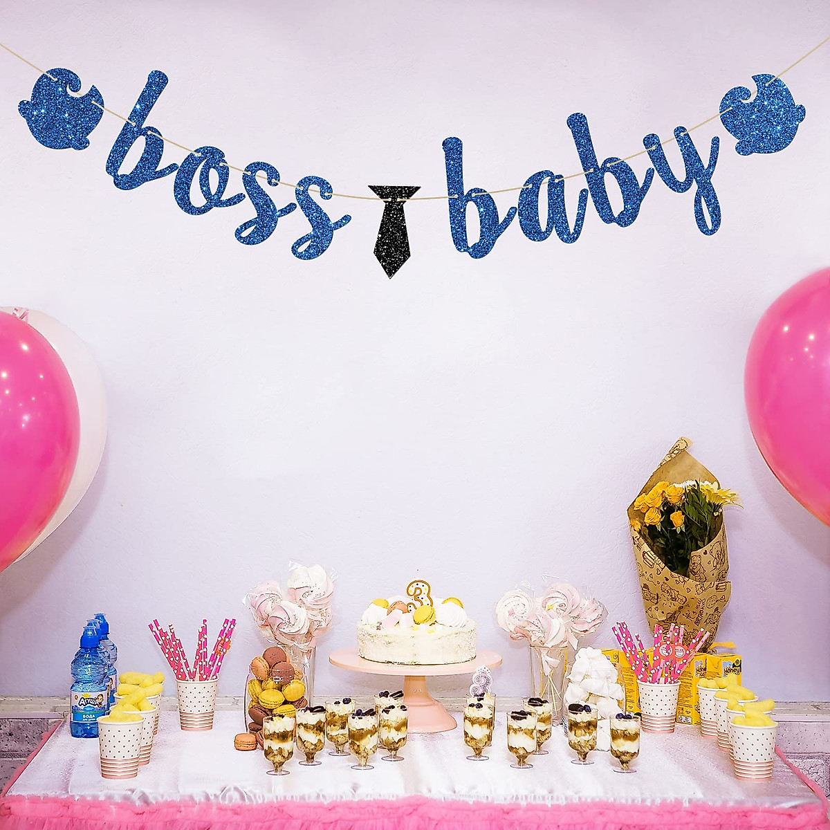 INNORU Boss Baby Banner, Boys Birthday Party Decorations, Baby Shower, Boy 1st Birthday Banner, Gender Reveal Party Decorations Navy Blue Glitter