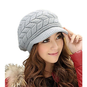 HINDAWI Womens Winter Hat and Gloves Set for Girls Wool Knit Skull Cap with Visor,Grey