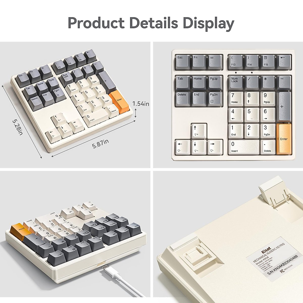 Mechanical Number Pad,34 Key Wired USB Numeric Keypad White Backlit Hot Swappable Numpad with PBT Keycaps for Laptop, MacBook,PC Desktop (Retro Beige,Brown Switch)