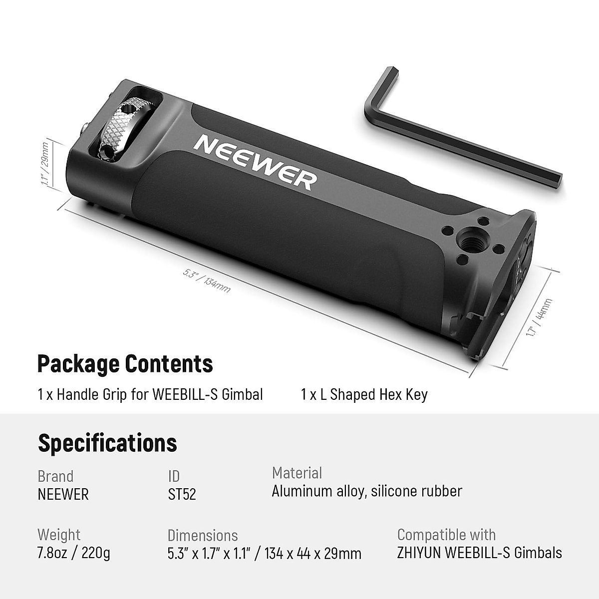 NEEWER Sling Handle Grip for WEEBILL-S Only, Handgrip with Cold Shoe, 1/4" Thread, 1/4" Thumb Screw, 3/8" ARRI Locating Holes and Anti Twist Pins Compatible with ZHIYUN WEEBILL-S Gimbal Stabilizer