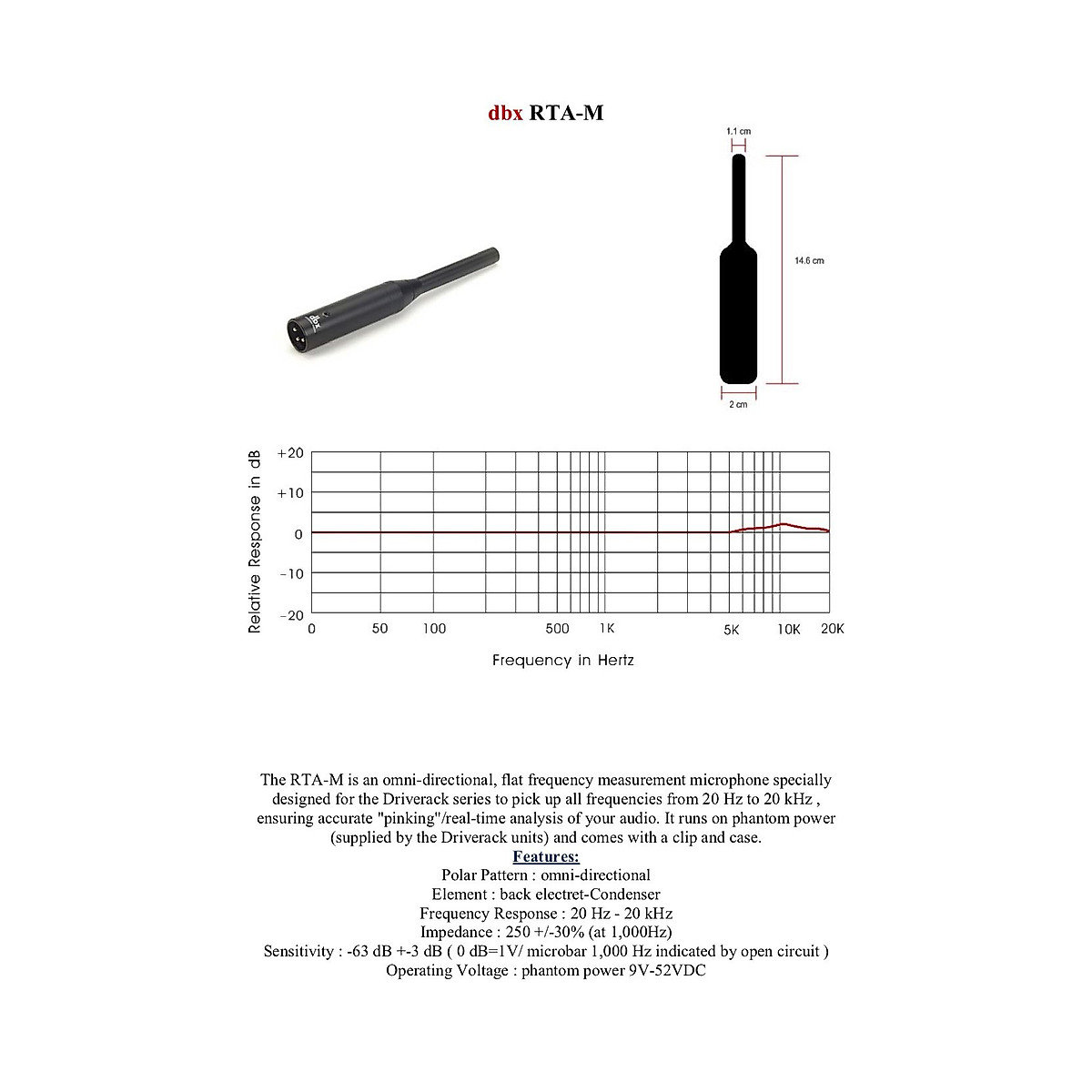 dbx RTA-M Driverack Series Reference Microphone black 7.00 x 3.50 x 12.00 inches