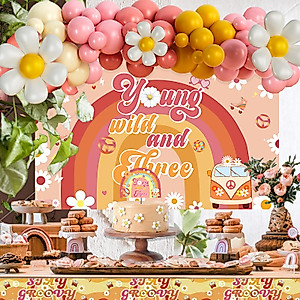 Hombae Young Wild and Three Party Decorations Girl, 3rd Birthday Decorations Girl, Boho Daisy Hippie Third Supplies, Retro Balloon Backdrop Banner Tablecloth Cake Topper Plates Napkins Forks 257 PC