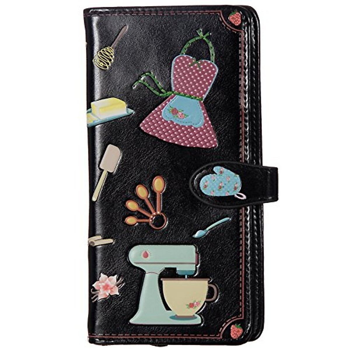 Shag Wear Women's PU Vegan Leather Card Holder Slim Trendy Snap Closure Large Bifold Clutch Wallet with 11 Credit Card Slots, 1 Clear ID Pocket, and 1 Zipper Pocket (Baking Needs, Black)