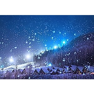 Leowefowa 5X3FT Christmas Backdrop Rustic Village Night View Forest Trees Snowing Shining Lights Blue Sky Winter Xmas Vinyl Photography Background Kids Children Newborn Photo Studio Props