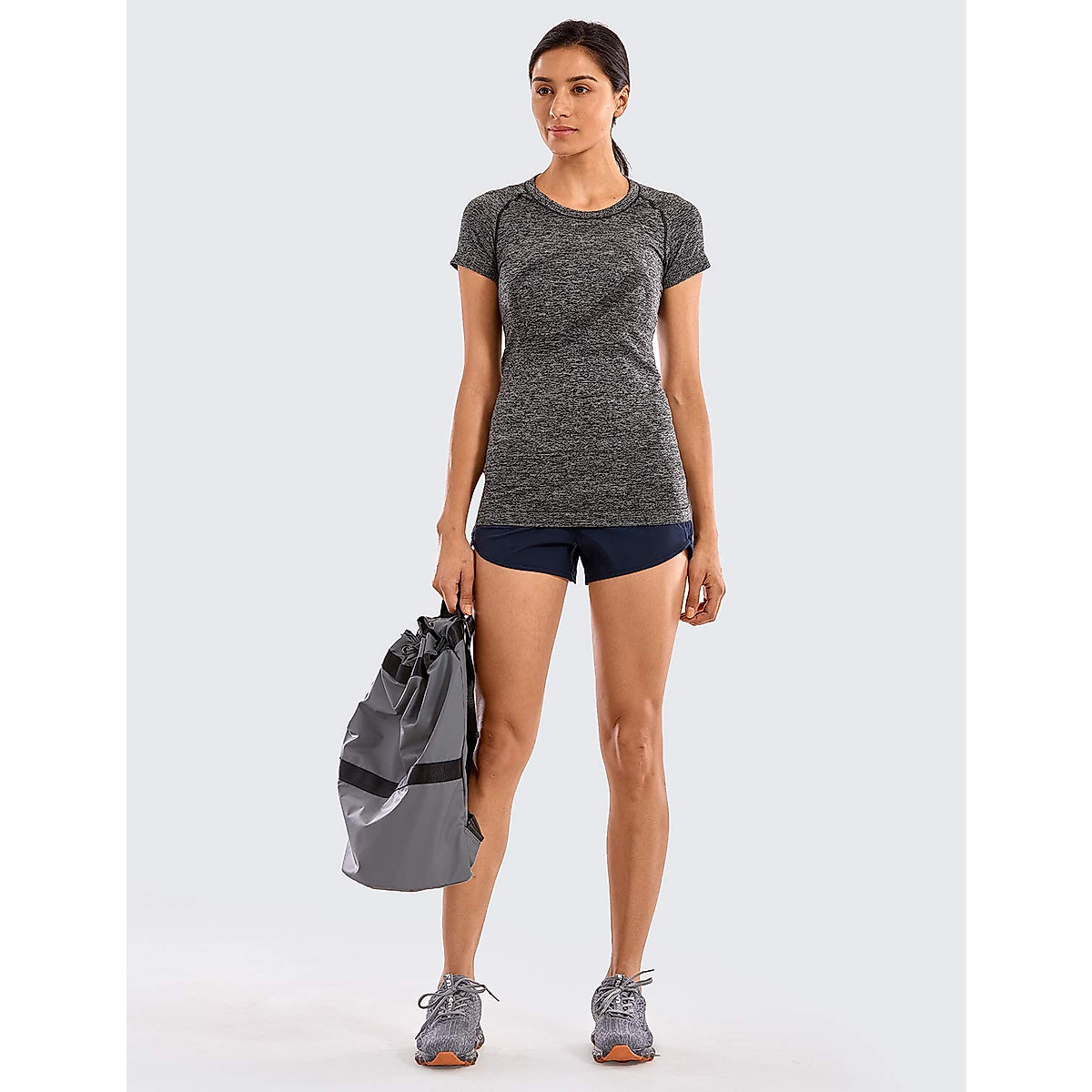 CRZ YOGA Seamless Workout Shirts for Women Short Sleeve Sports Tees Quick Dry Breathable Gym Athletic Tops Black and White Large