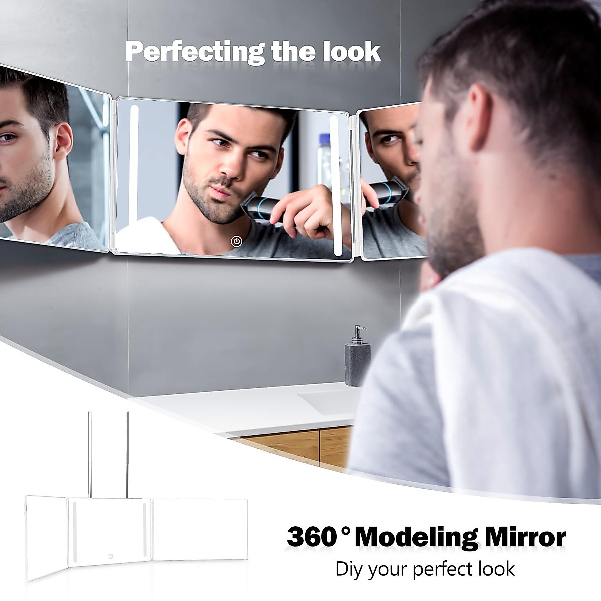 JANMPASK LED 3 Way Mirror for Self Hair Cutting Mirror Vanity Mirror Barber Supplies Accessories 360 Makeup Mirror with Light Trifold Mirror to See Back of Head (White with Light)