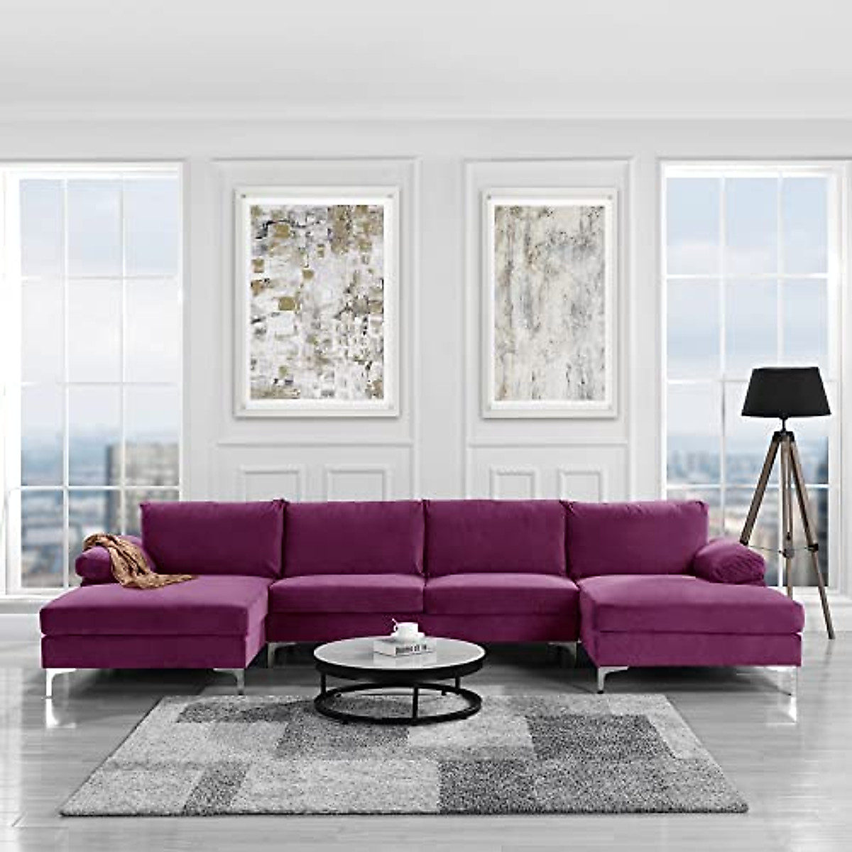 Casa Andrea Milano Modern Large Velvet Fabric U-Shape Sectional Sofa, Double Extra Wide Chaise Lounge Couch