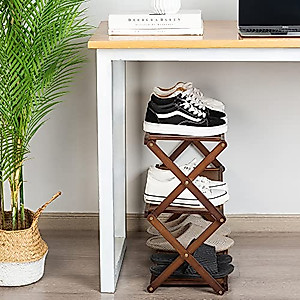 Small 3-Tier Shoe Rack for Closet & Entryway, Installation-free Foldable Bamboo Shoes Storage Organizer, Sturdy Free Standing Three Shelf Shoe Stand for 6-9 Pairs, Brown 20x17x9 Inches