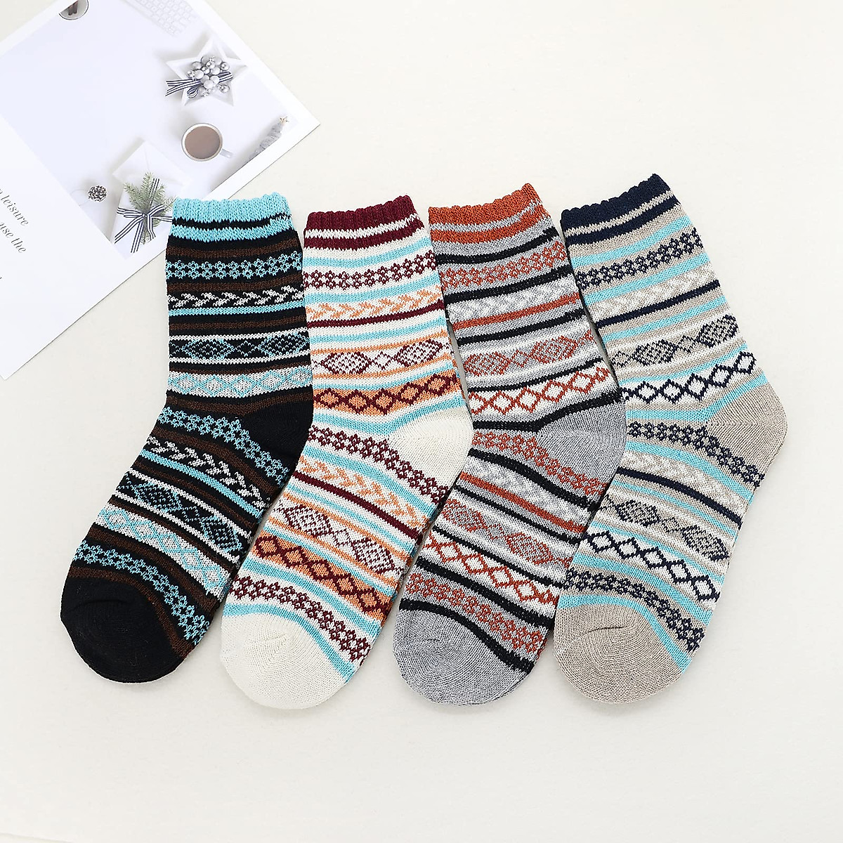 Mens Warm Wool Socks Soft Cozy Socks for Fall Winter Sports Socks Cashmere Athletic Crew Socks for Men Size 10-13 B (4 Pair Diamond)