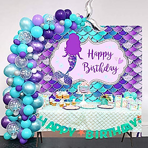 Mocsicka Mermaid Birthday Backdrop Under The Sea Birthday Party Decoration for Girl Blue Purple Scales Photography Background (7x5ft (82x60 inch))