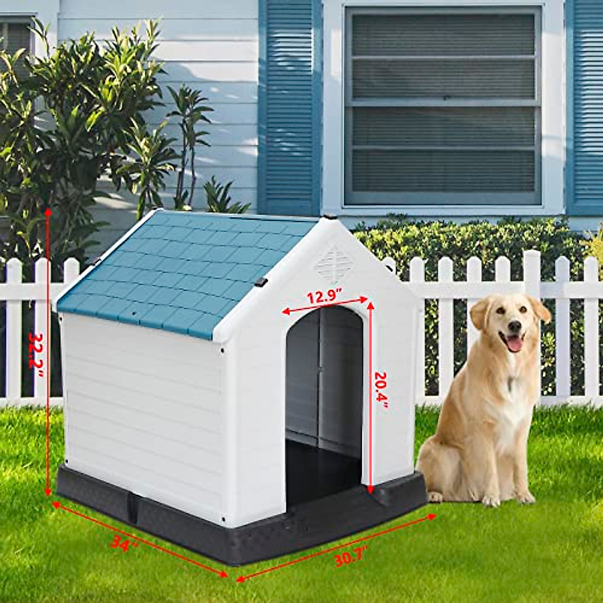 Large Plastic Dog House Indoor Outdoor Doghouse Dog Kennel Easy to Assemble Puppy Shelter w/Air Vents Elevated Floor Waterproof