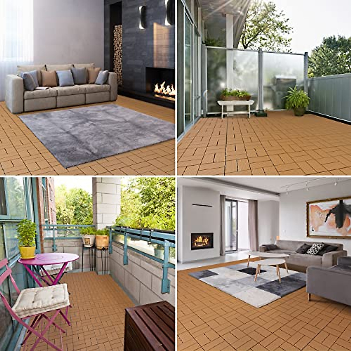 TONAHUTU 6PCS Interbuild Hardwood Interlocking Patio Deck Tiles, 12"x12" Wood Plastic Composite Tiles Outdoor Flooring for Patio Garden Deck Poolside Click Floor Decking Tile - Teak