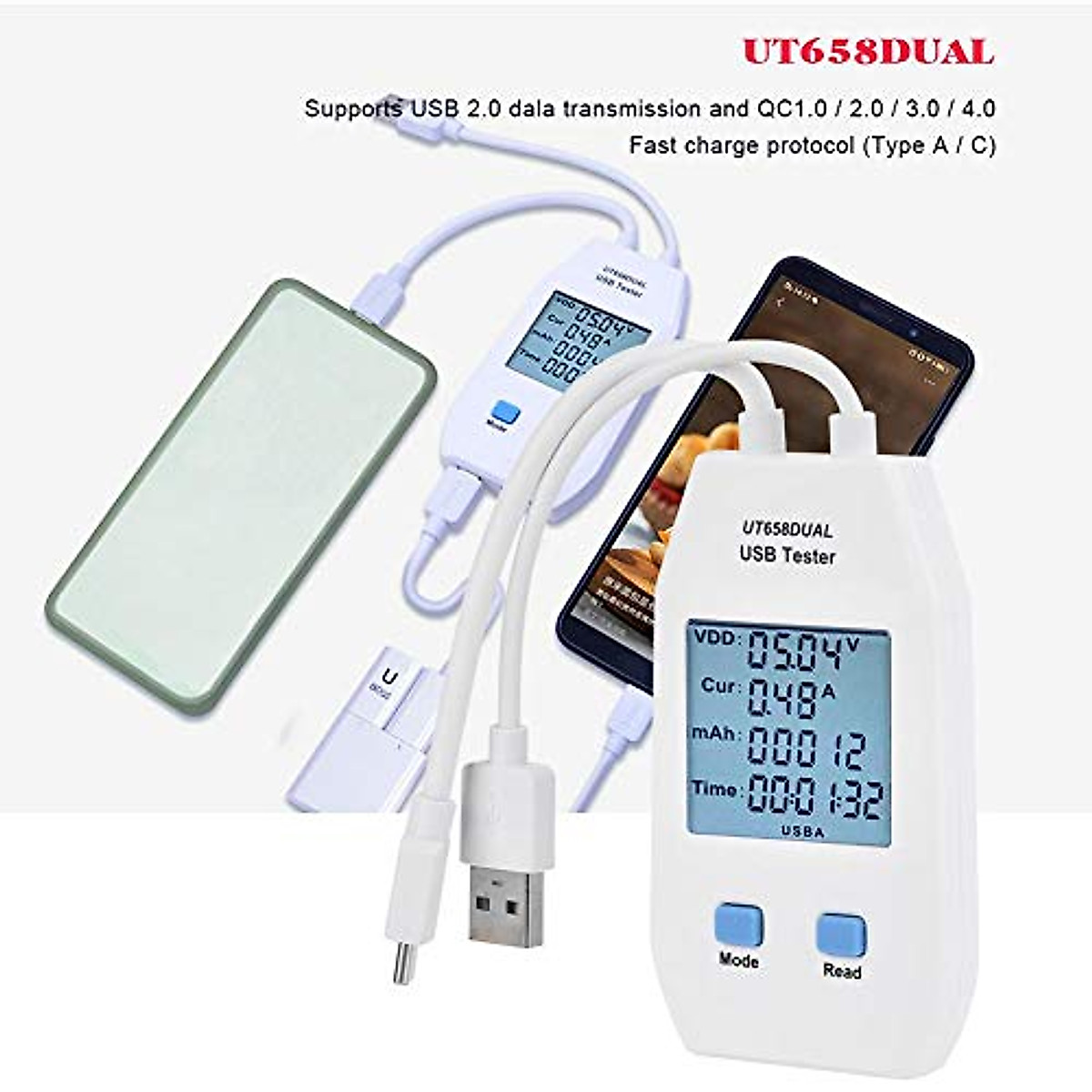 UNI-T LCD USB Tester Detector Voltmeter Ammeter Digital Power Capacity Tester Meter for Cable Measurement(UT658 Dual)