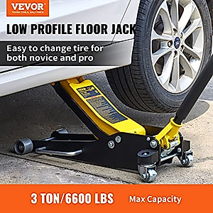 VEVOR 3 Ton Low Profile , Aluminum and Steel Racing Floor Jack with Dual Pistons Quick Lift Pump for Sport Utility Vehicle, Lifting Range 3-6/11"-19-11/16", yellow,black
