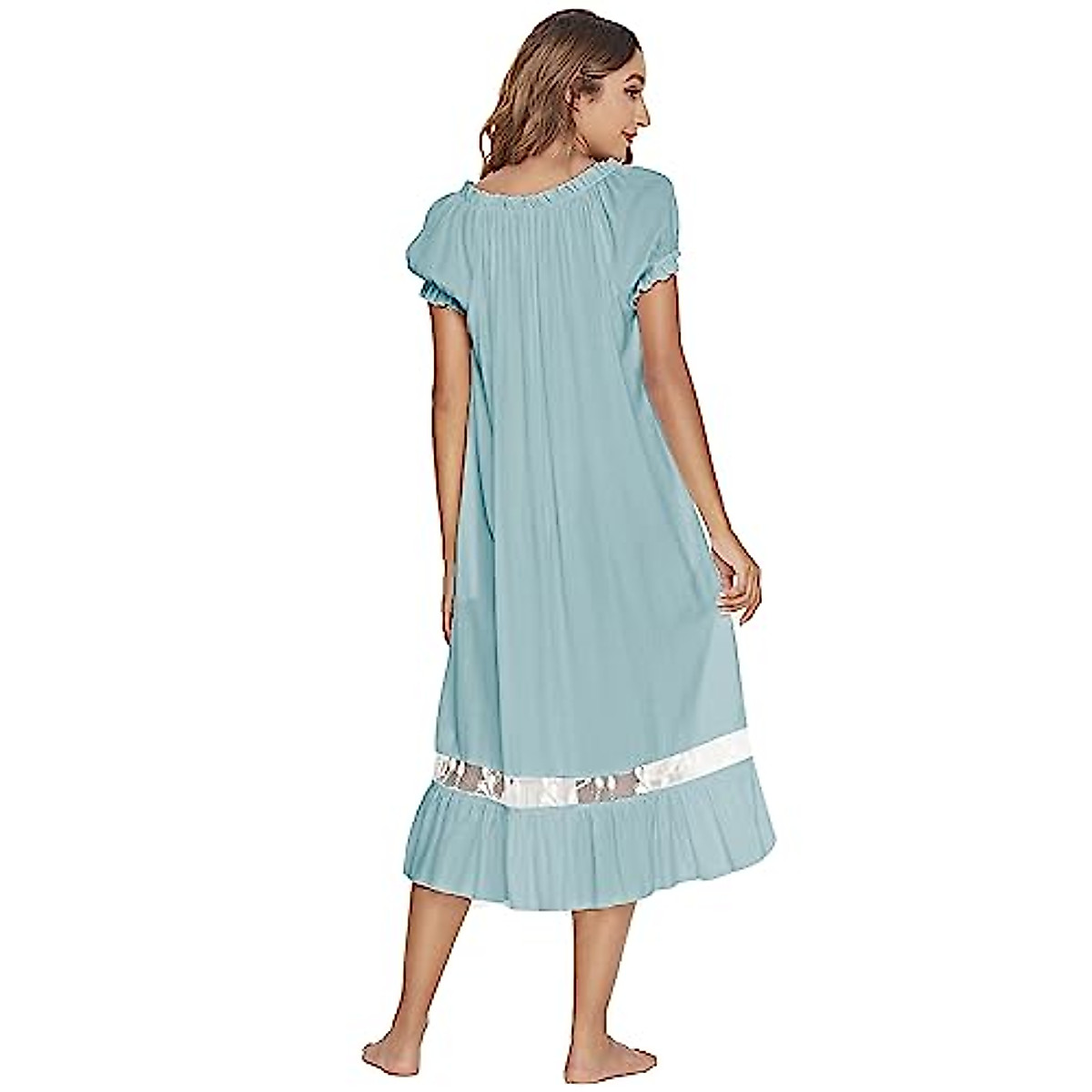 Verdusa Women's Lace Nightdress Short Sleeve Victorian Nightgown Sleepwear Pajama Aqua Blue with Pocket XXL